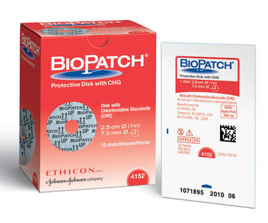 J & J Biopatch Antimicrobial Dressings, 1" Disk, 7mm Hole, 10/bx ...