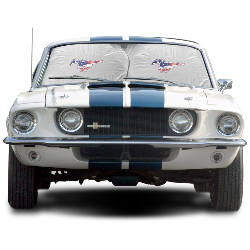 Ford Mustang Pony in USA Flag Dual Panels Easy Folding Windshield Sun ...