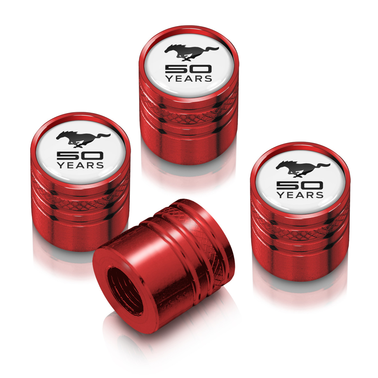 Ford Mustang 50 Years White on Red Aluminum Cylinder Style Tire Valve Stem Caps