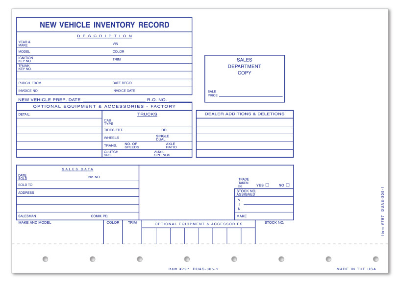 Vehicle Inventory Cards Form# DUAS 305 1