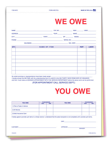 We Owe - You Owe; 3-part snap out (QTY. 100)