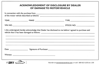 Acknowledgement of Damage Disclosure by Dealer (100 qty)
