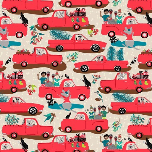Aussie Bush Christmas Holden Utes White Background Cotton Quilting Fabric