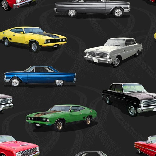 Vintage Vehicles Ford Mustang 1043V Cotton Quilting Fabric Block Panel