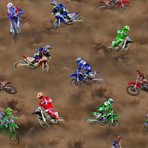 Dirt Bikes Motorbikes Block Collage Allover Cotton Quilting Fabric 80 cms