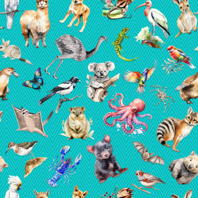 A is for Aussie Alphabet Animals Chevron Blue 4067E Cotton Quilting Fabric