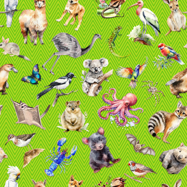 A is for Aussie Alphabet Animals Chevron Green 4067F Cotton Quilting Fabric