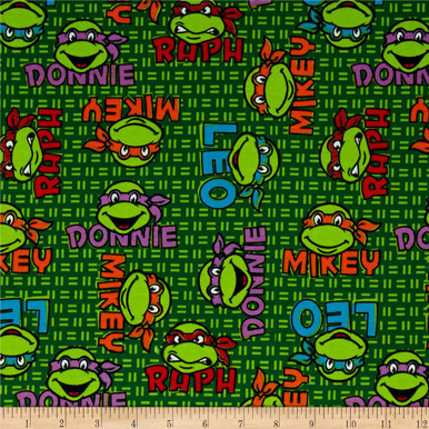 Teenage Mutant Ninja Turtles Faces Green Background STRETCH KNIT Fabric ...