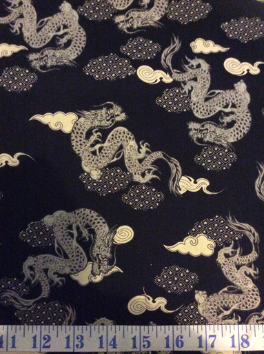 Japanese Dragon Hamachi Black Cotton Quilting Fabric EOR 75cms