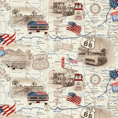 All American Road Trip Route 66 Tan Travel Map Cotton Quilting Fabric 1 ...