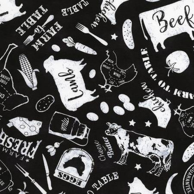 Butchers Chart Black Beef Lamb Pork Chicken Cotton Quilting Fabric 1/2 YARD