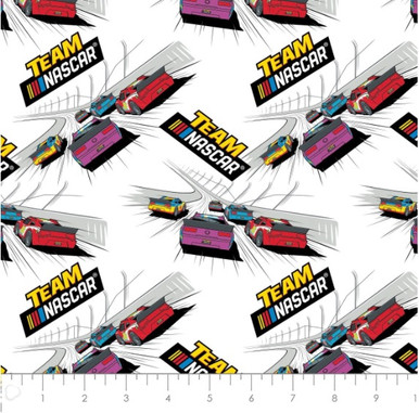 Nascar Team Nascar Cars Tracks White Cotton Quilting Fabric