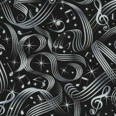 Music Notes Treble Clef Black Background Cotton Quilting Fabric 1/2 YARD