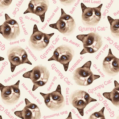 Grumpy Cat Tossed Cream Allover Cotton Quilting Fabric 65cms