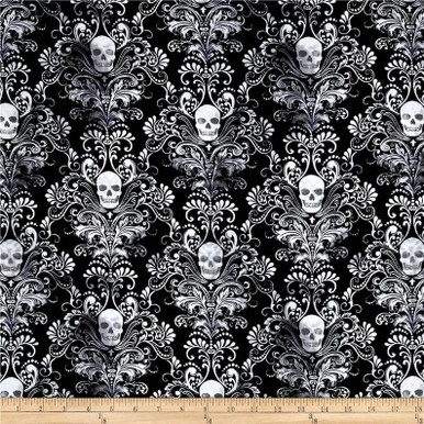 Wicked Eve Skull Damask Black Cotton Quilting Fabric 60cms