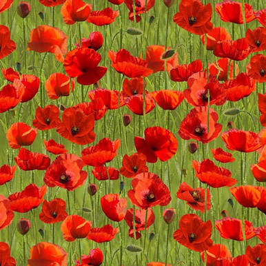 Anzac Day Remembering Day Red Poppies Green 108" Wide Backing Cotton ...