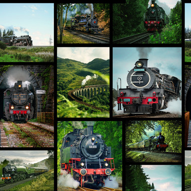 Allover Novelties Steam Trains Collage 4033G Cotton Quilting Fabric