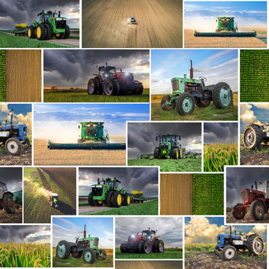 Farm Machines On The Tractor Collage 1111SP Cotton Fabric