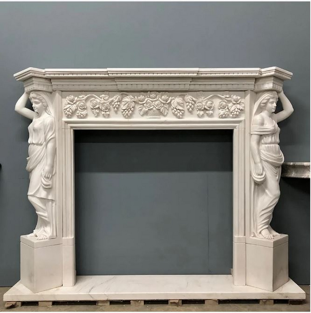 Marble Ornate Caryatids Fireplace Surround Mantle - DaVinci Emporium