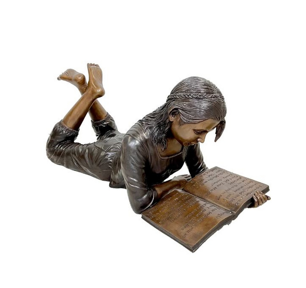 Bronze Boy and Girl Reading on Tree Log Sculpture - DaVinci Emporium