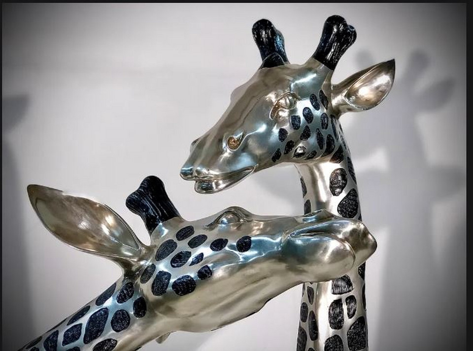 Bronze Life-Size Silver Giraffe Sculpture Set - DaVinci Emporium