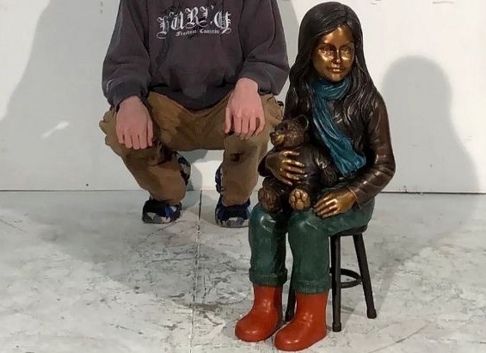 Girl Holding Teddy Bear Sitting On Stool Bronze Sculpture - DaVinci ...