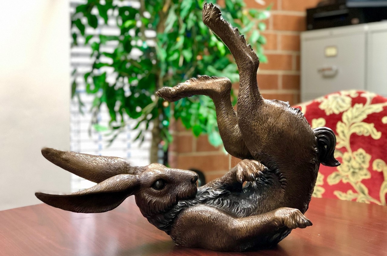 Bronze Tumbling Bunny Rabbit Tabletop Sculpture - DaVinci Emporium