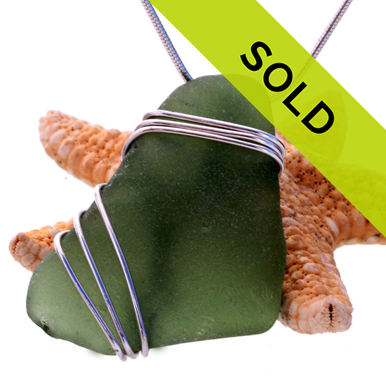 Olive Green Genuine Sea Glass In Sterling Triple Wire Necklace Pendant