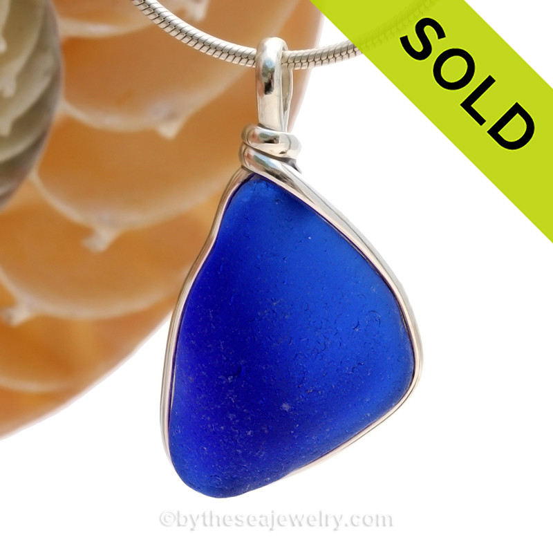 Large Rich Cobalt Blue Genuine Sea Glass Pendant In S/S Wire Bezel ...