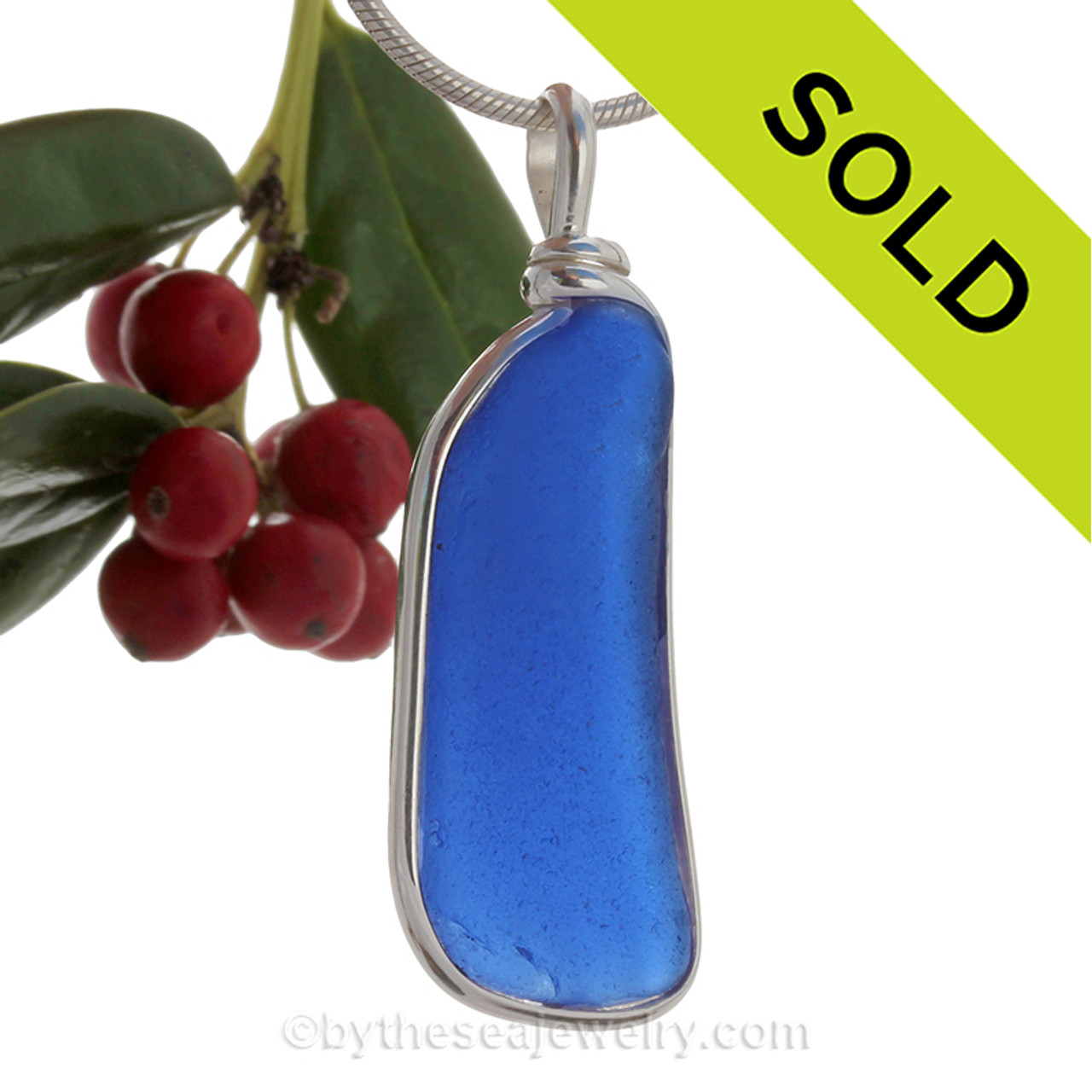 Large Irregular Blue Genuine Sea Glass Pendant In Ss Original Wire