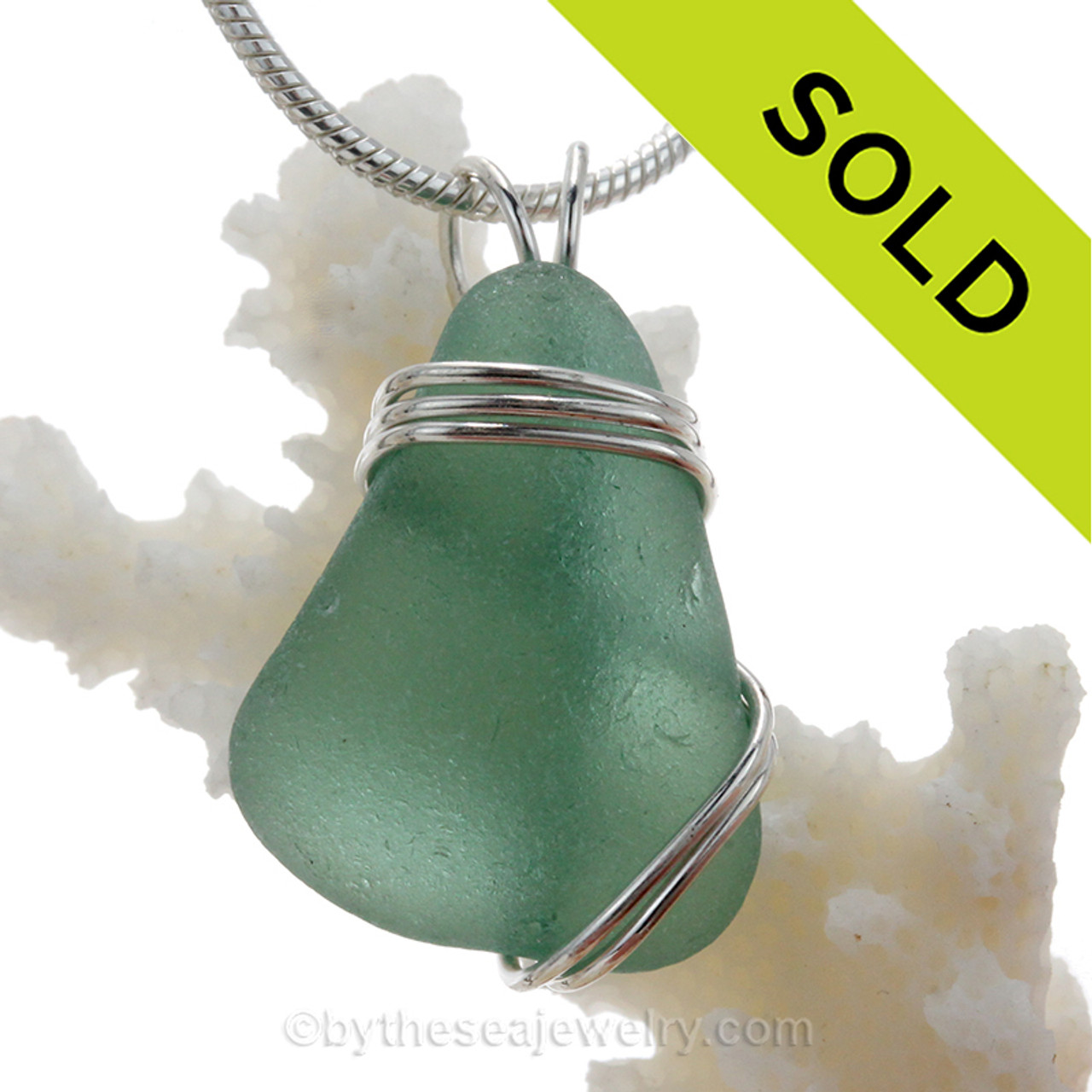 Chunky Deep Aqua Green Sea Glass In Sterling Triple Deco Setting