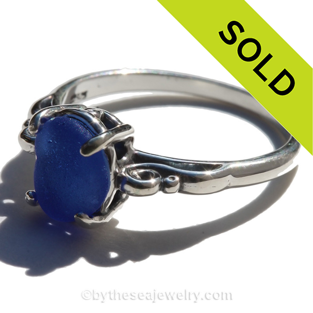 Cobalt Blue Sea Glass In Sterling Silver Scroll Size 7 Ring1403