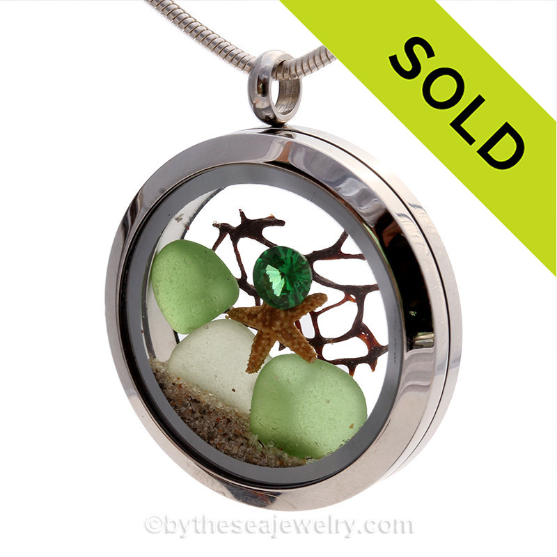 Emerald Sea - Green Sea Glass Locket With Starfish & May Birthstone ...