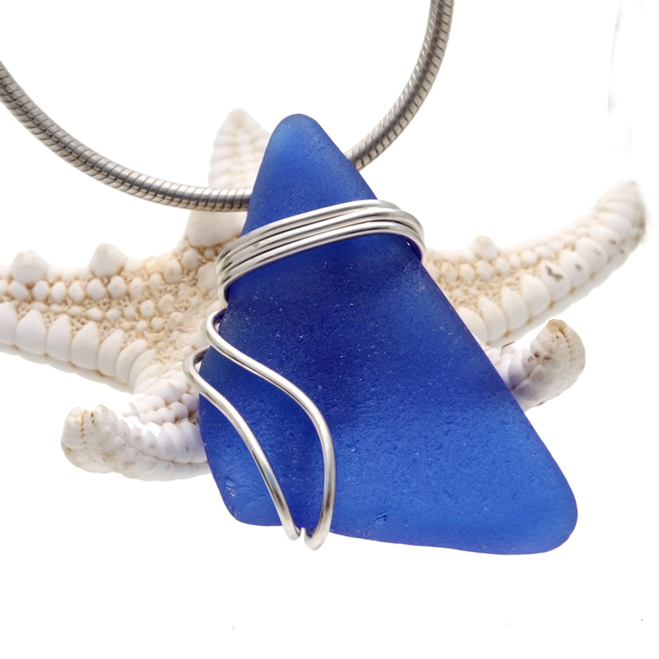 Large Cobalt Blue Sea Glass In Sterling Triple Setting Ssp1309