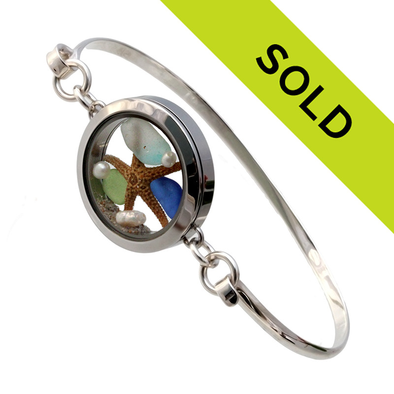 High Tide - Blue , Green and Aqua Sea Glass Beach Bangle Locket Bracelet