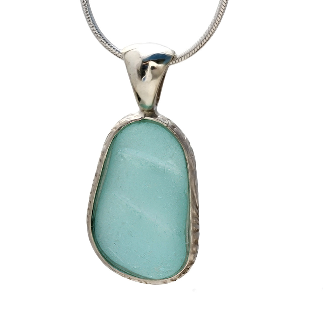 Embossed Aqua Blue Sea Glass In Sterling Silver Wire Bezel© Necklace