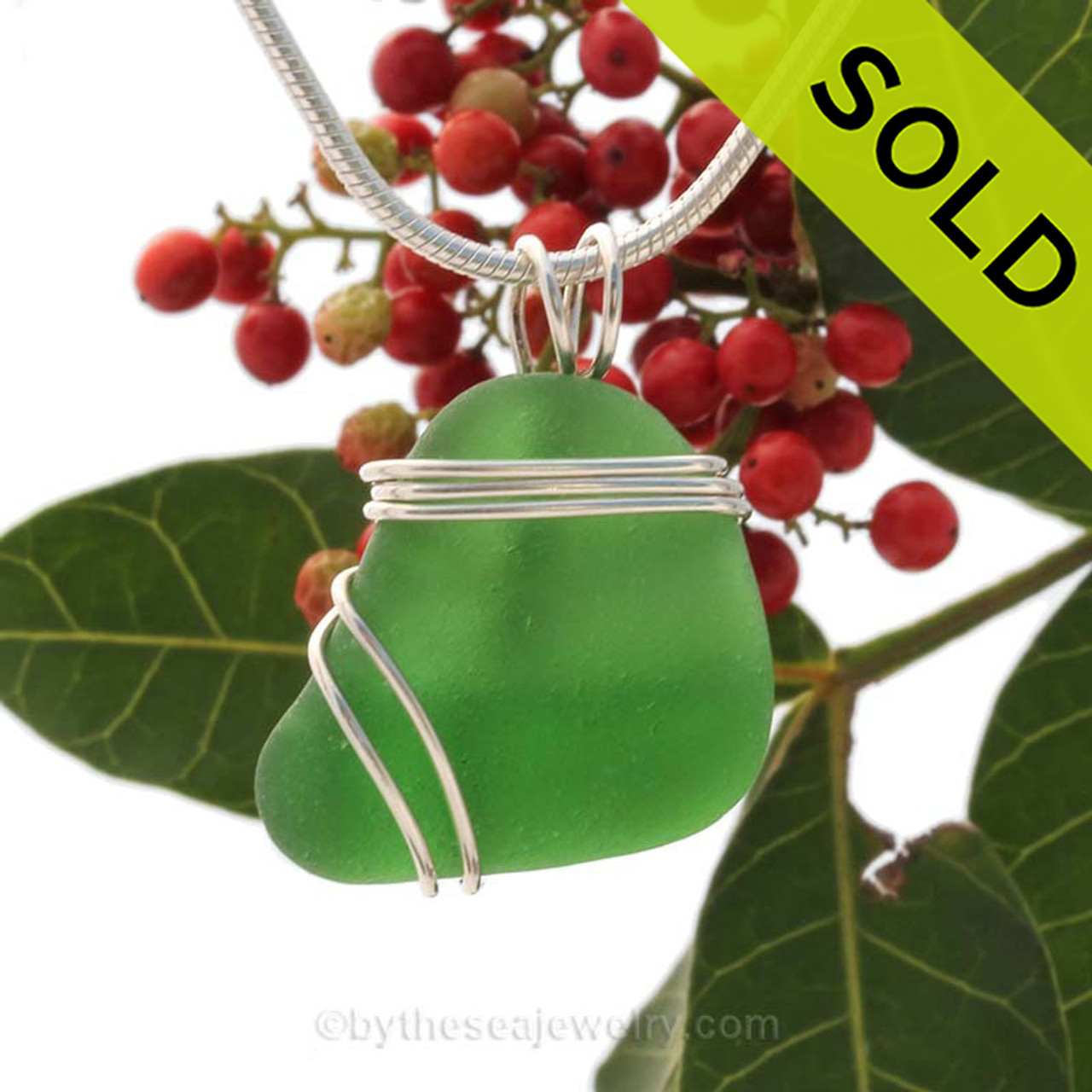 Vivid Large Green Sea Glass In Sterling Triple Wire Necklace Pendant
