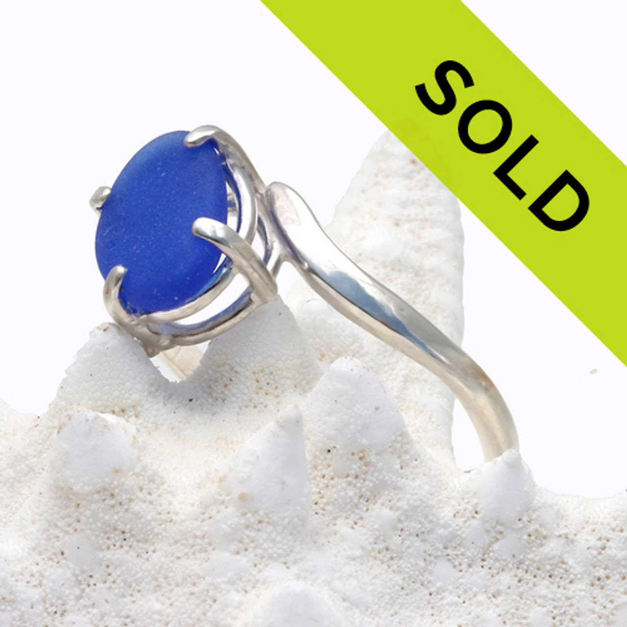 2 Of Cobalt Blue Sea Glass In Sterling Ring Size 7