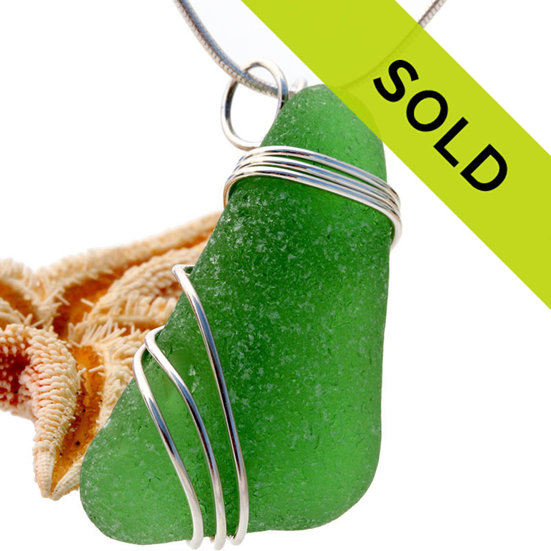 Large Bright Green Sea Glass In Sterling Triple Wire Necklace Pendant
