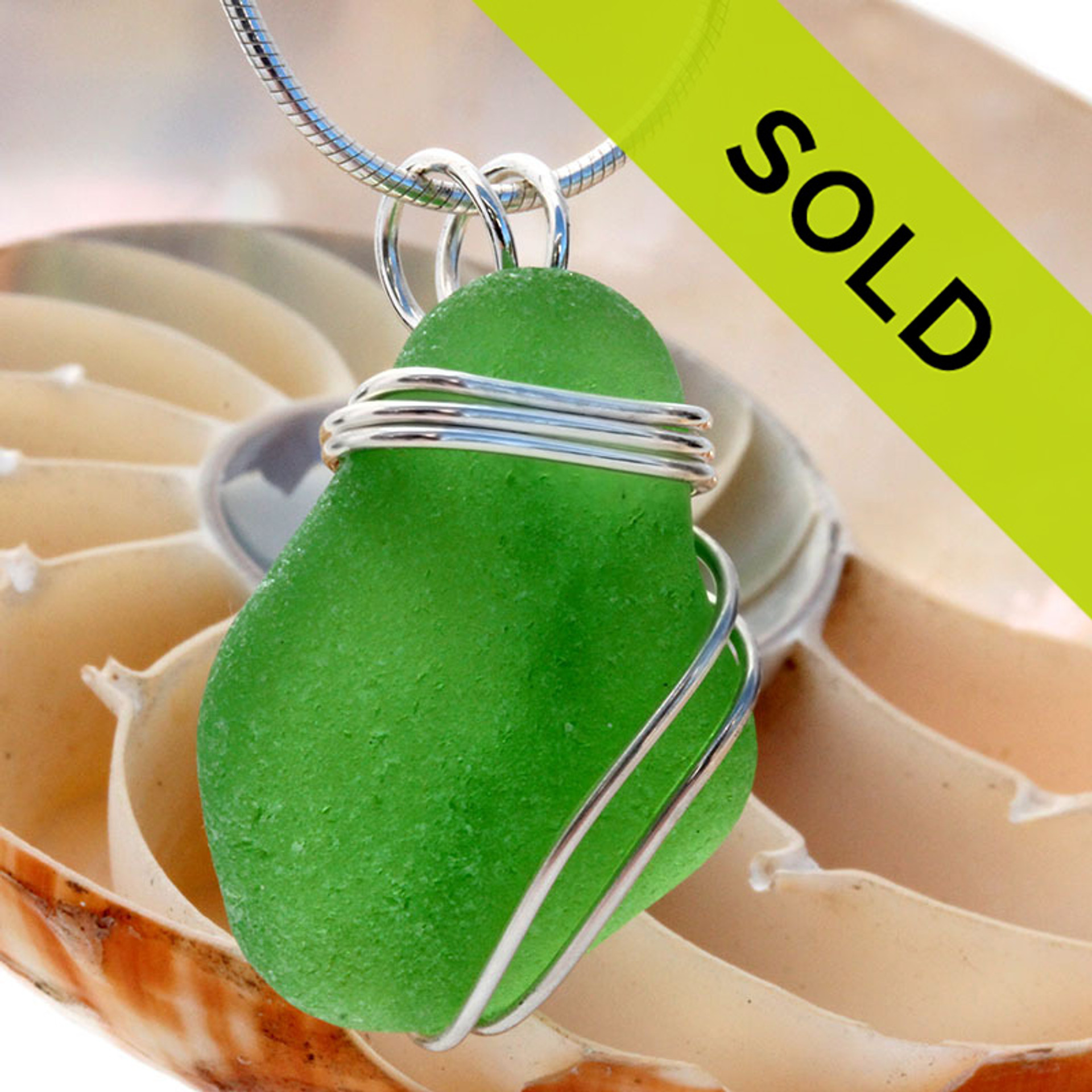 Olive Green Genuine Sea Glass In Sterling Triple Wire Necklace Pendant