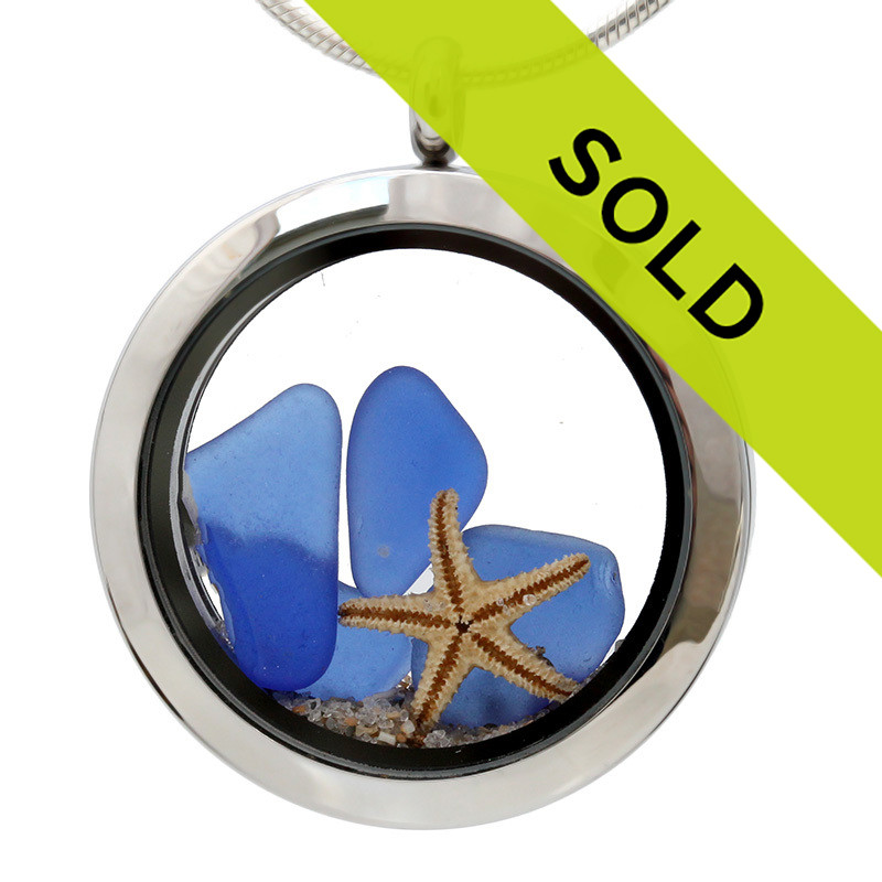 2 Blue Sea Glass Pieces & Starfish In Stainless Steel Locket With Real Sand
