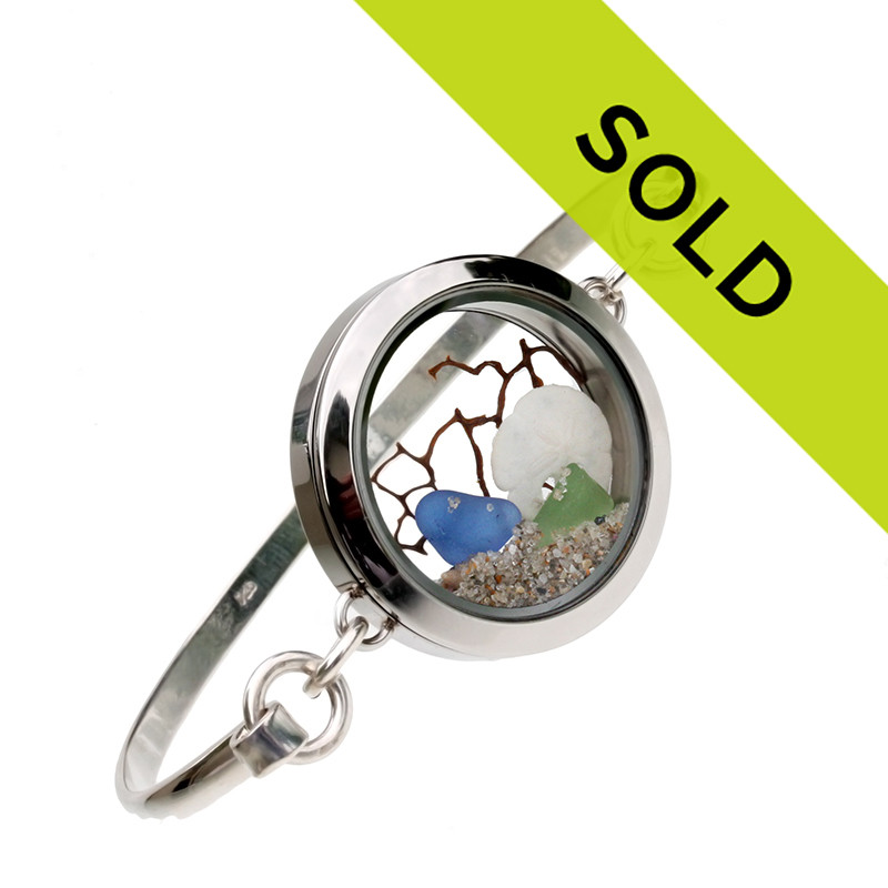 Seaside - Blue & Green Sea Glass Beach Bangle Locket Bracelet With ...