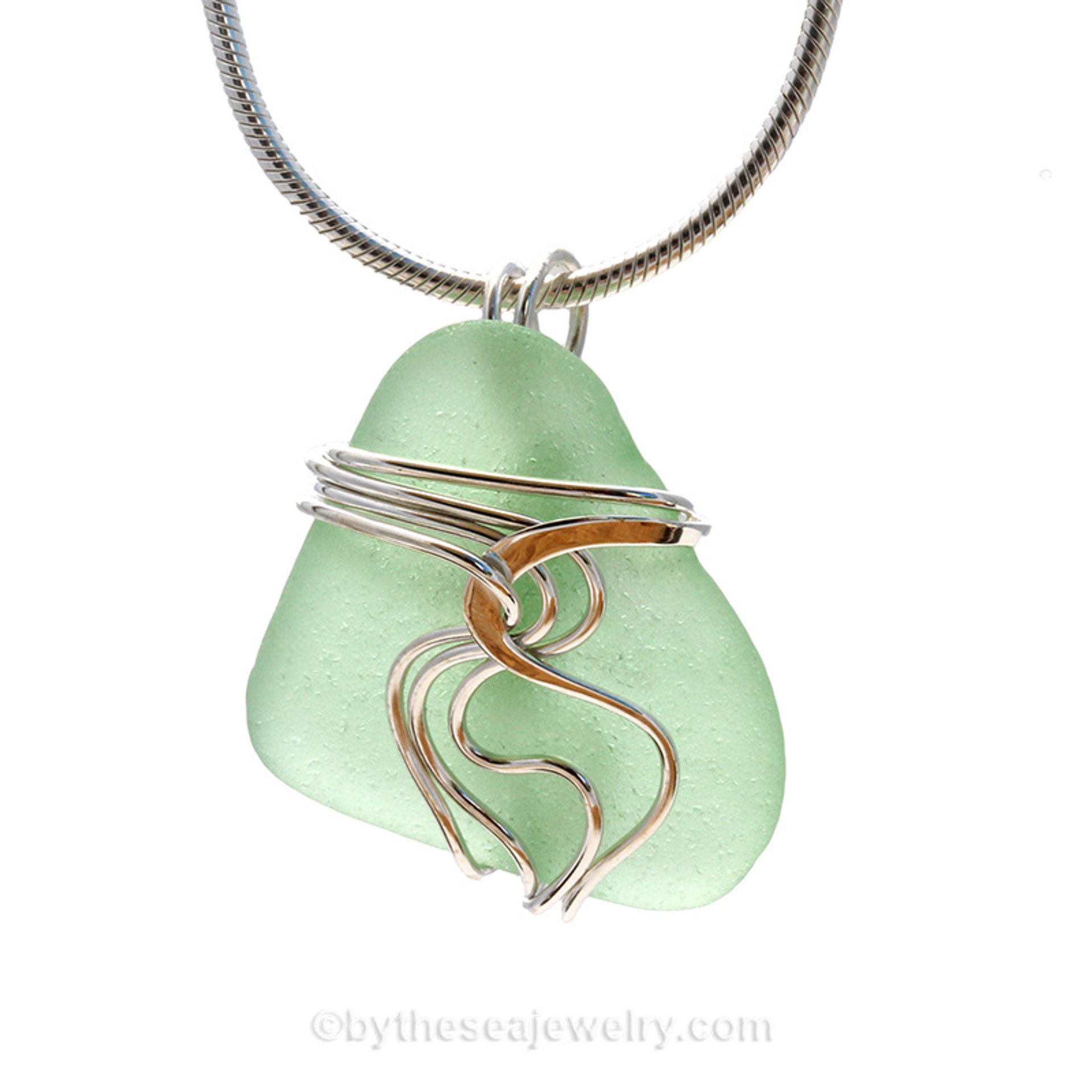 Yellowy Sea Green Sea Glass Sterling Waves© Setting Necklace Pendant In