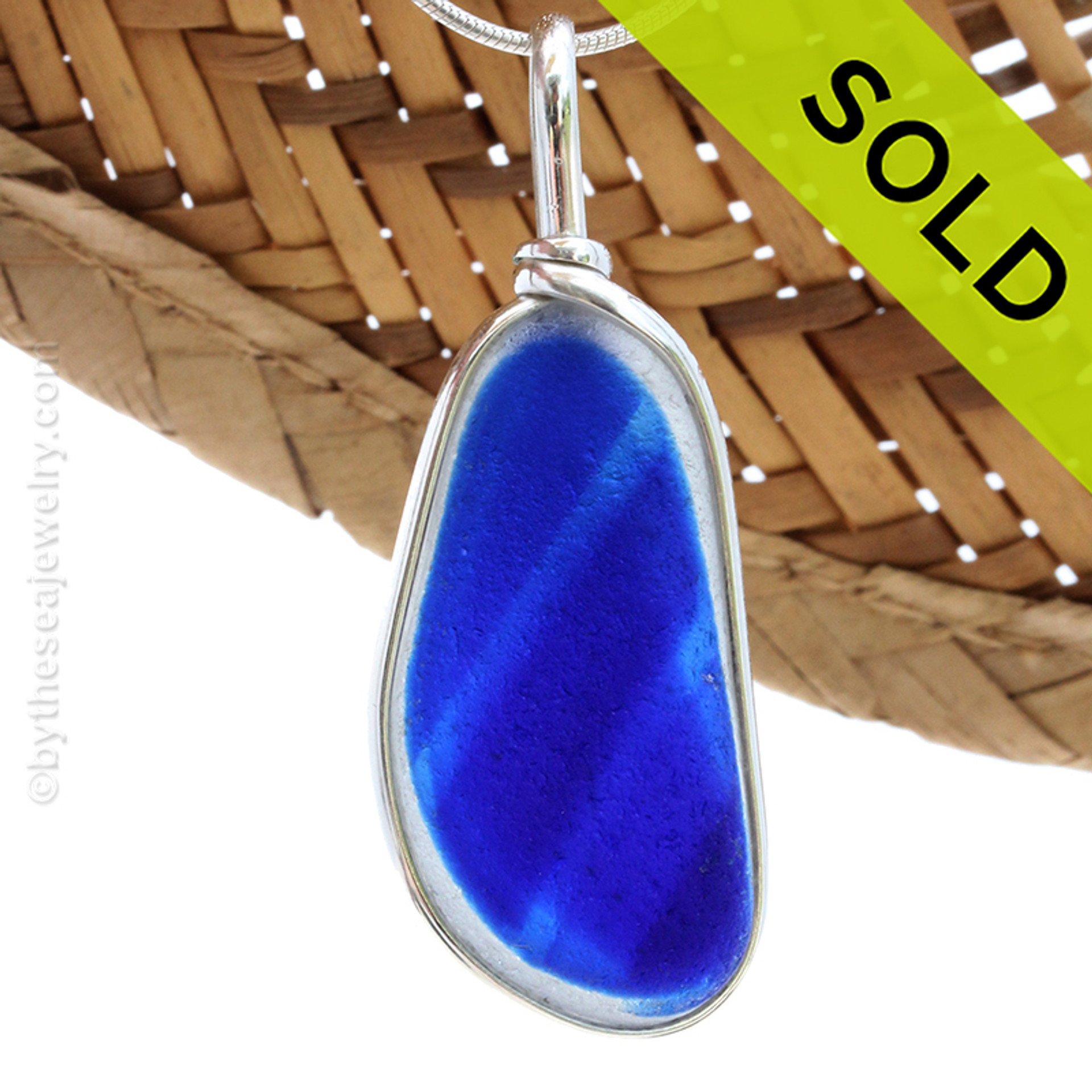 Large Mixed Striped Vivid Blue English Sea Glass Sterling Original Wire