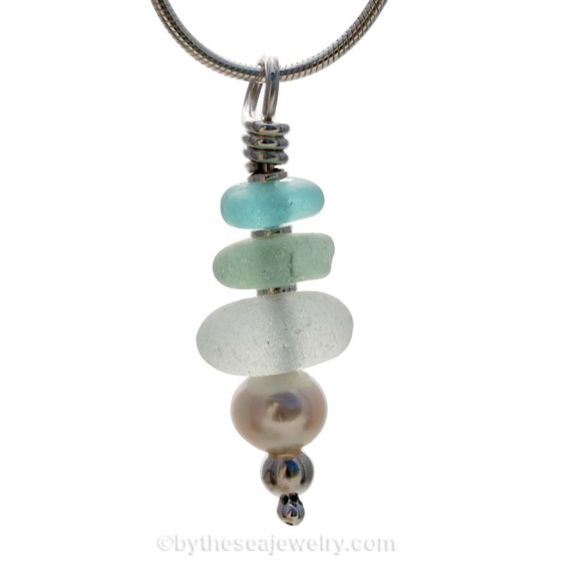 Aqua, Seafoam Green & White Sea Glass Stack with Real Pearls- 18" Solid ...