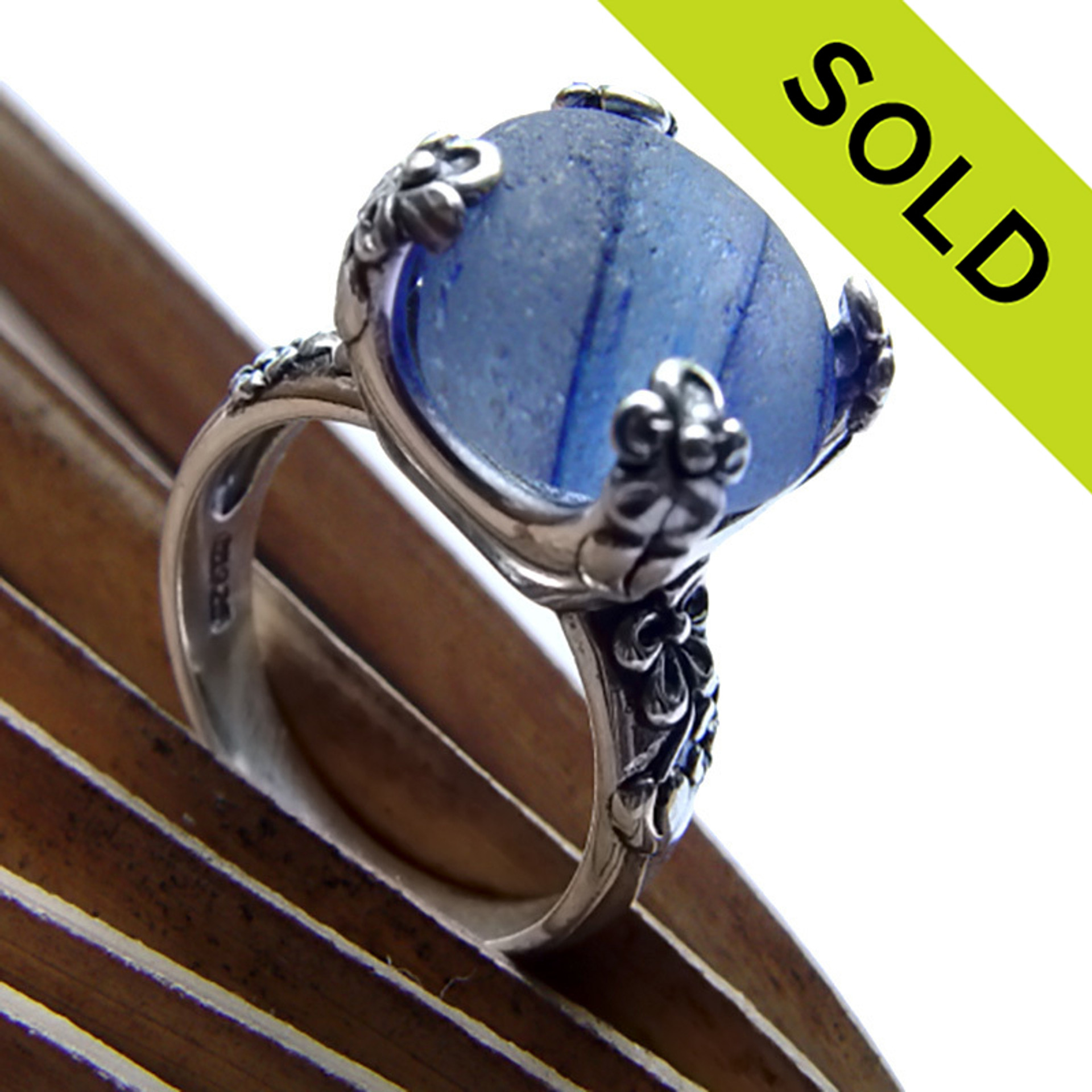 Mixed Blue Sea Glass Ring Sterling Sea Daisy Ring 8