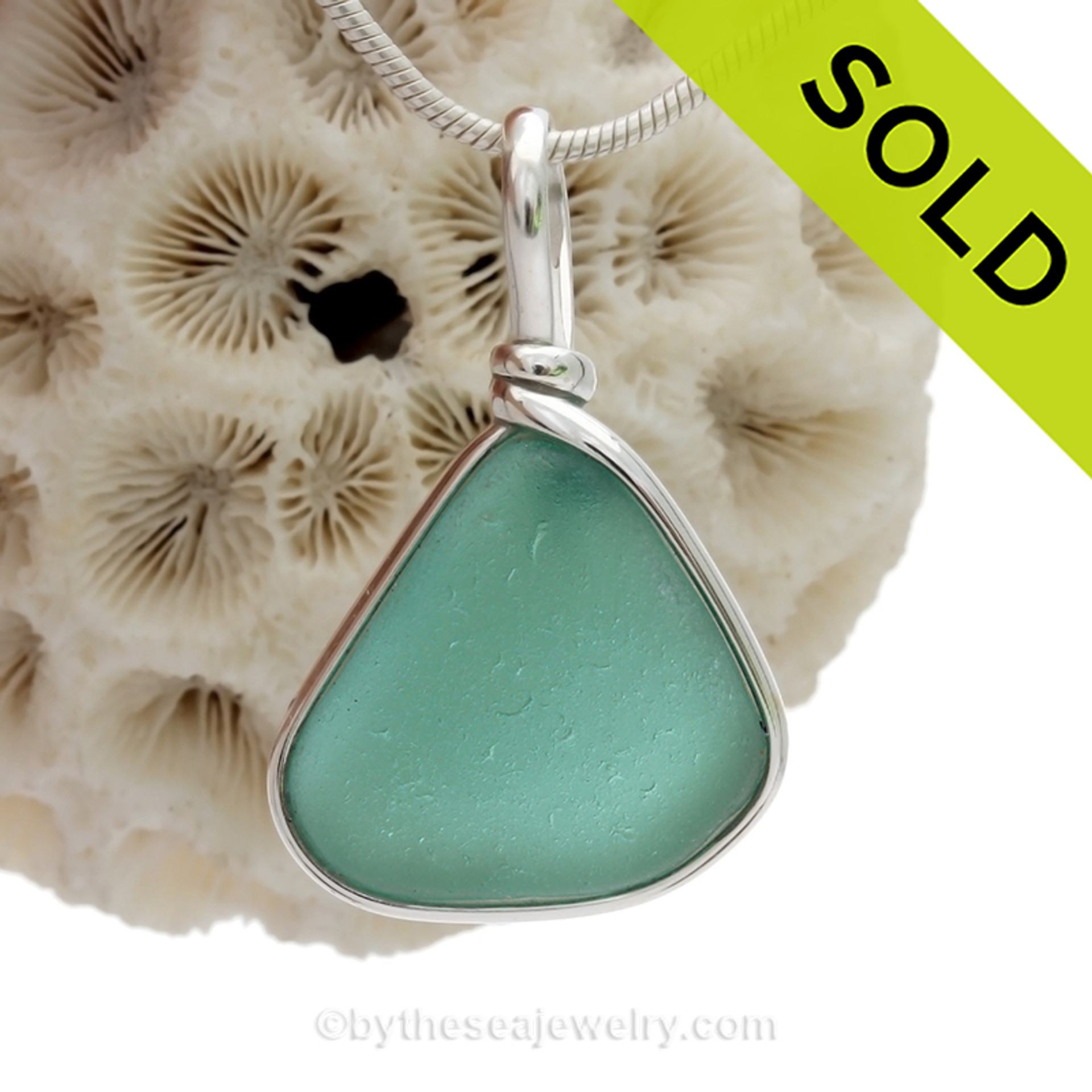 Aqua Blue Genuine Sea Glass Pendant In Sterling Original Wire Bezel