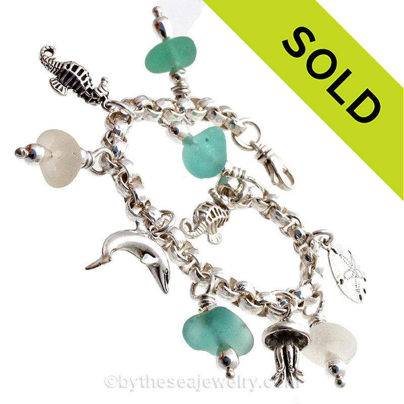 Beachcomber - Genuine RARE Sea Glass Charm Bracelet With Beachy Charms ...