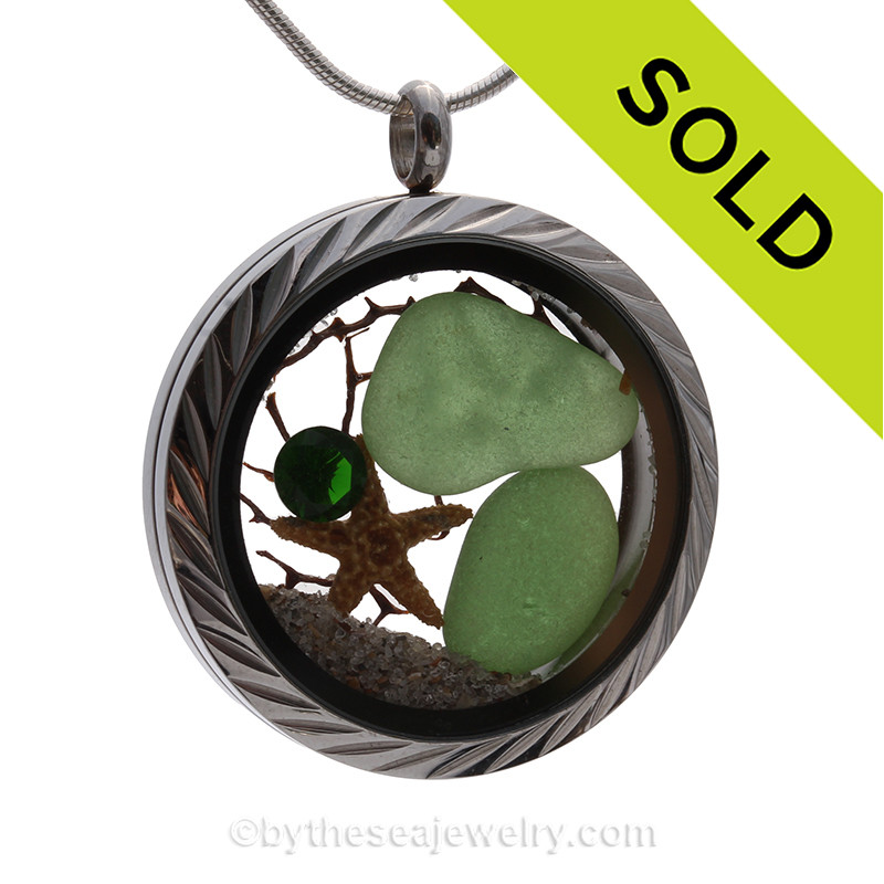 Emerald Sea - Green Sea Glass Locket With Starfish & May Birthstone ...