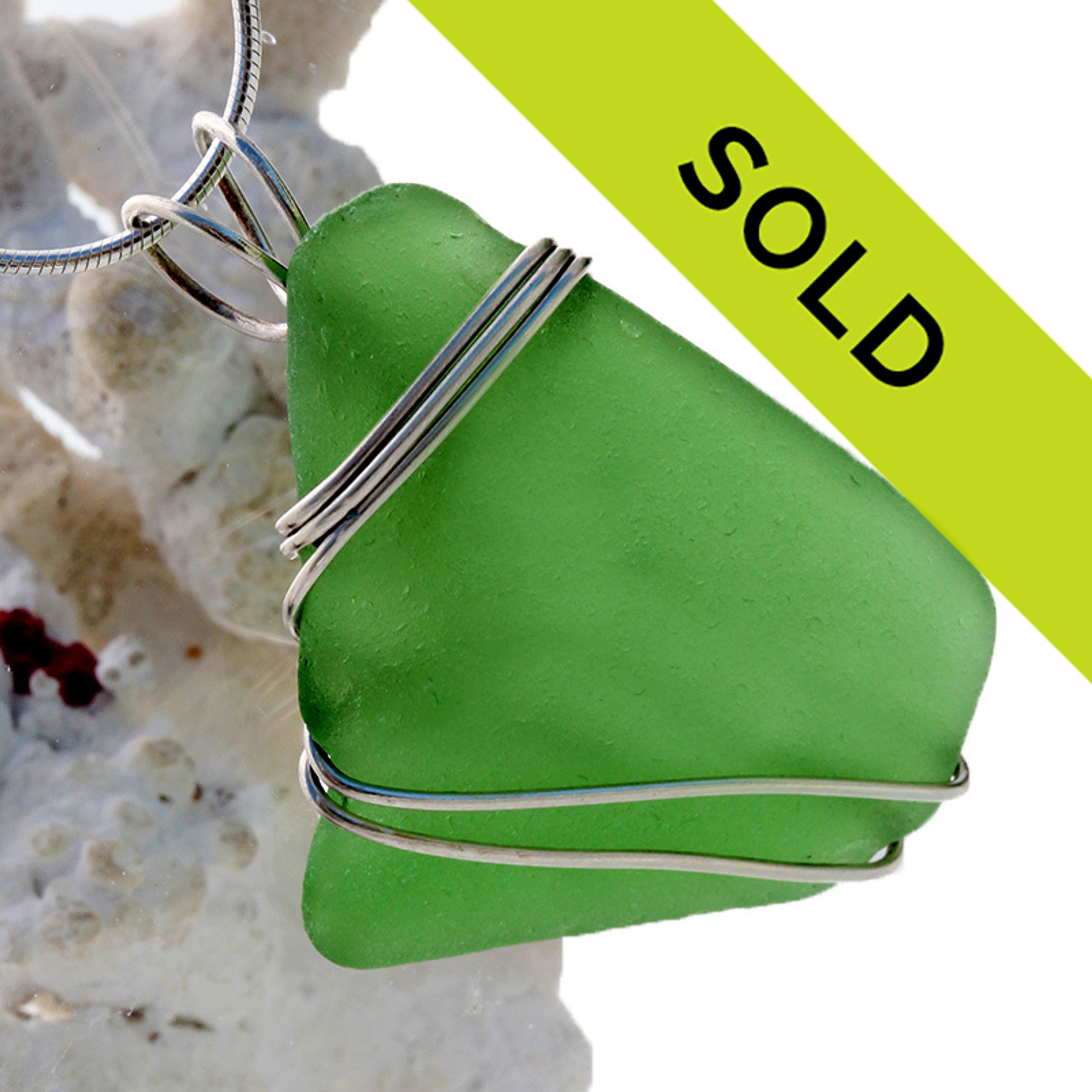 Large Bright Green Sea Glass In Sterling Triple Wire Necklace Pendant